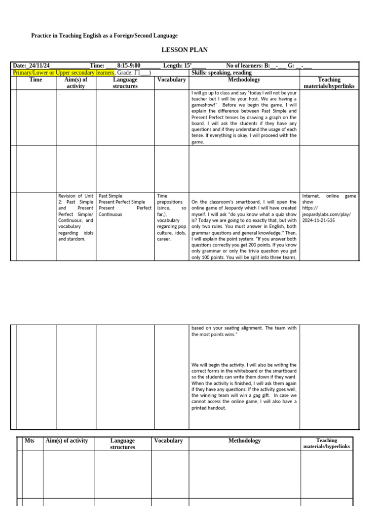 Engaging ESL Lesson Plan: Tenses & Pop Culture | PDF | English Language ...