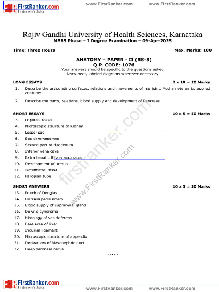 FR 1076 Anatomy Paper II Rs 3 Question Paper | PDF