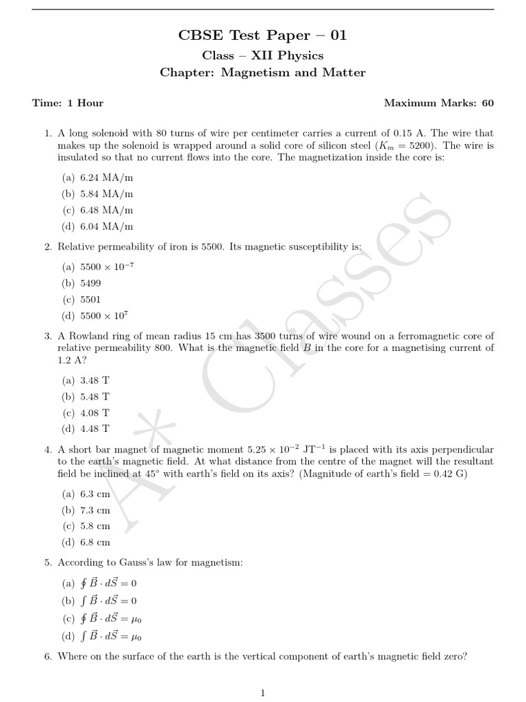 Class XII Physics: Magnetism Test Paper | PDF | Magnetic Field | Magnetism