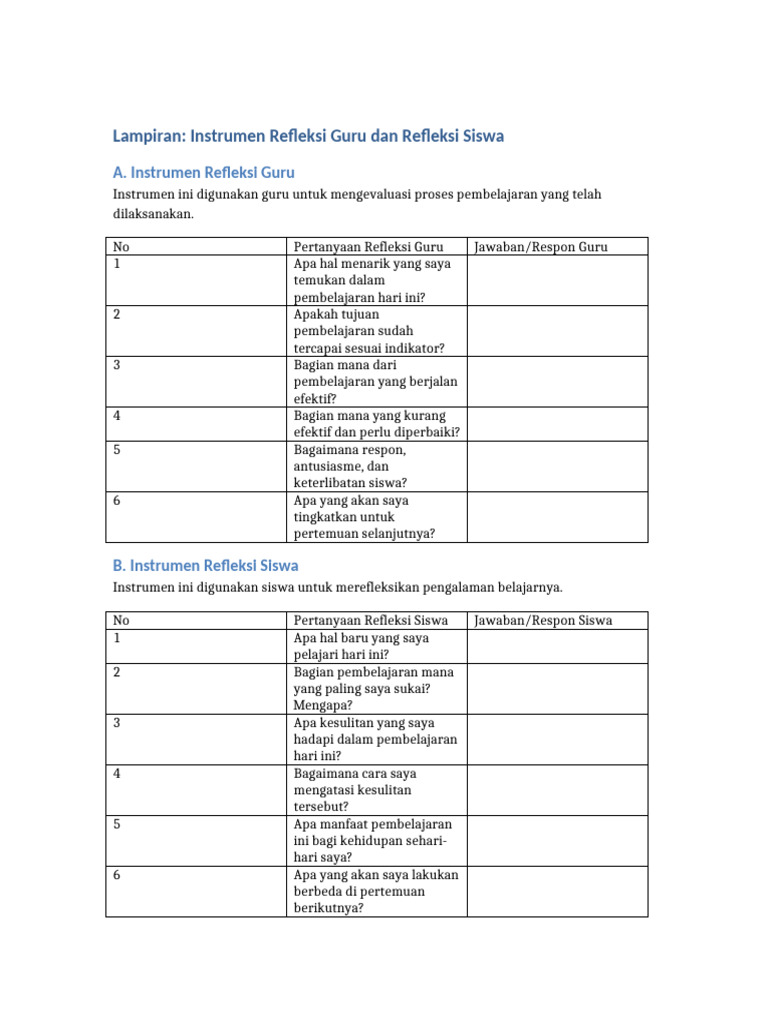 Instrumen Refleksi untuk Guru dan Siswa | PDF