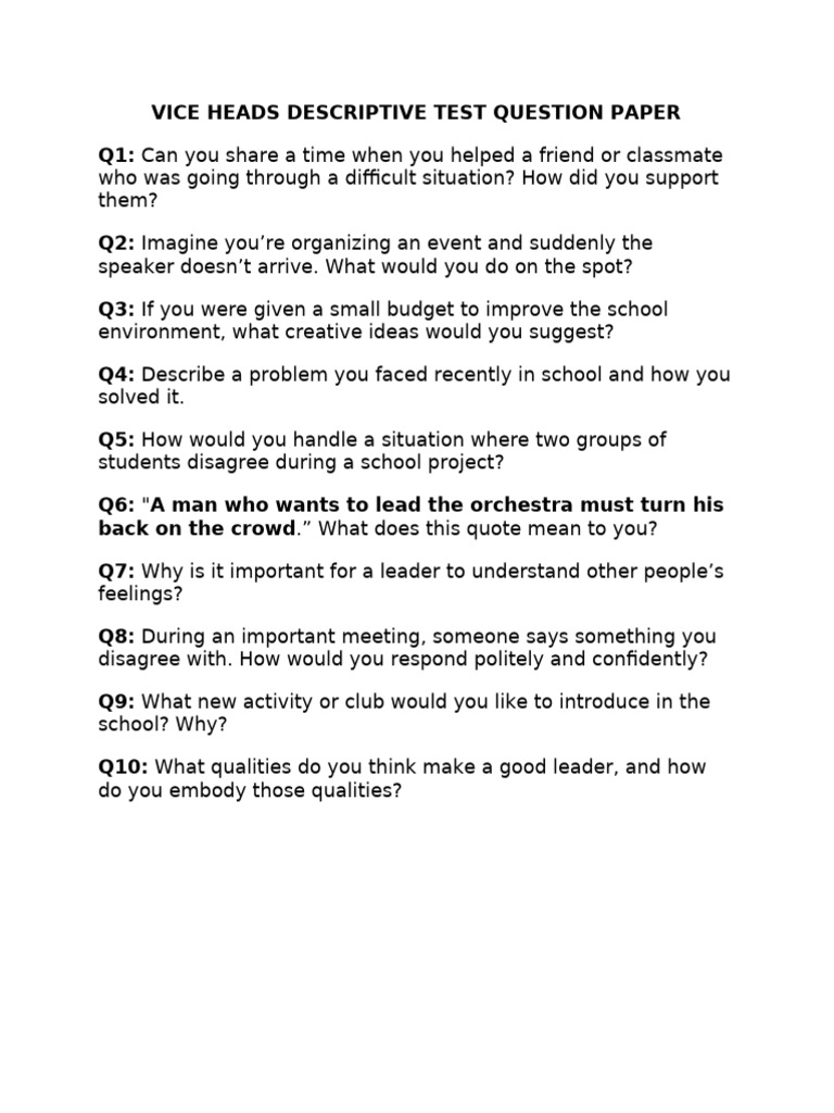 Vice Heads Descriptive Test Questions | PDF