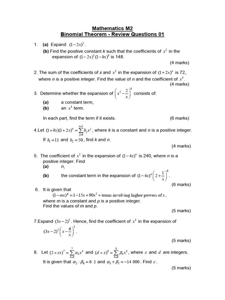 Maths M2 - Binomial Theorem Review Questions Set 01 | PDF | Mathematics ...