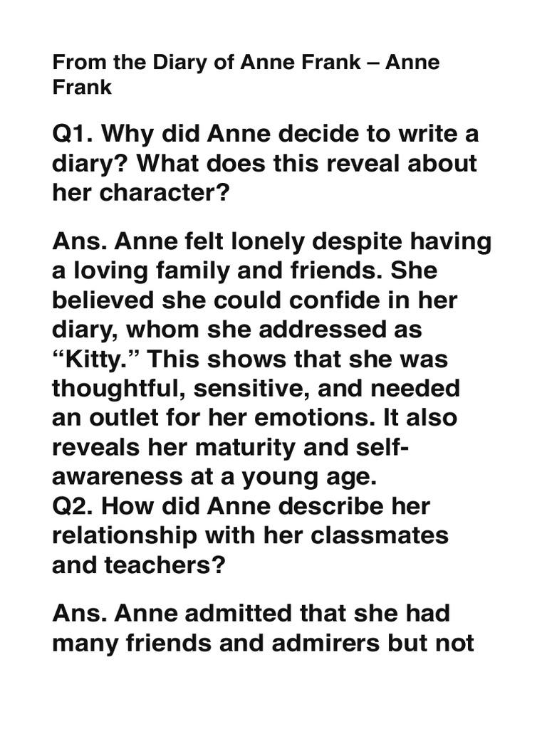 From the Diary of Annefrank Competency Based Questions | PDF