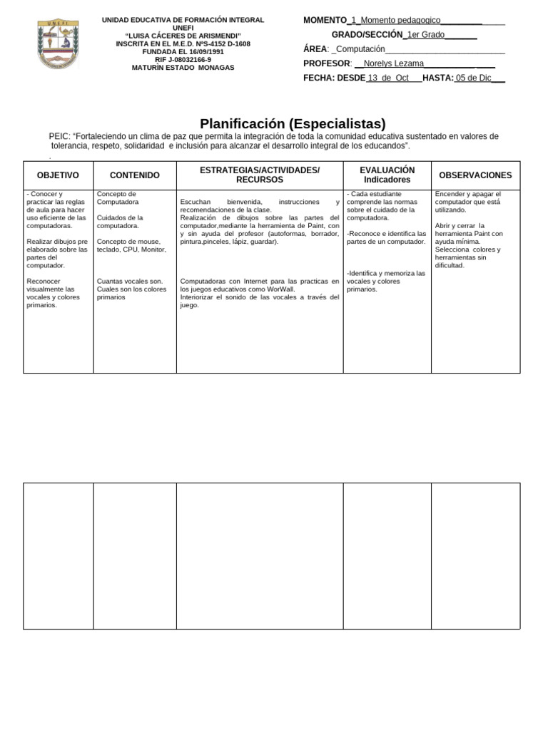 Planificaciòn 1er Grado (Especialista) 2025-2026 (1) (1) | PDF ...