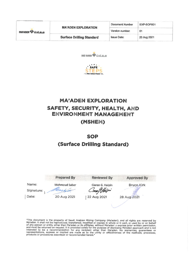 EXP SOP001 Surface Drilling Standard | PDF | Occupational Safety And ...