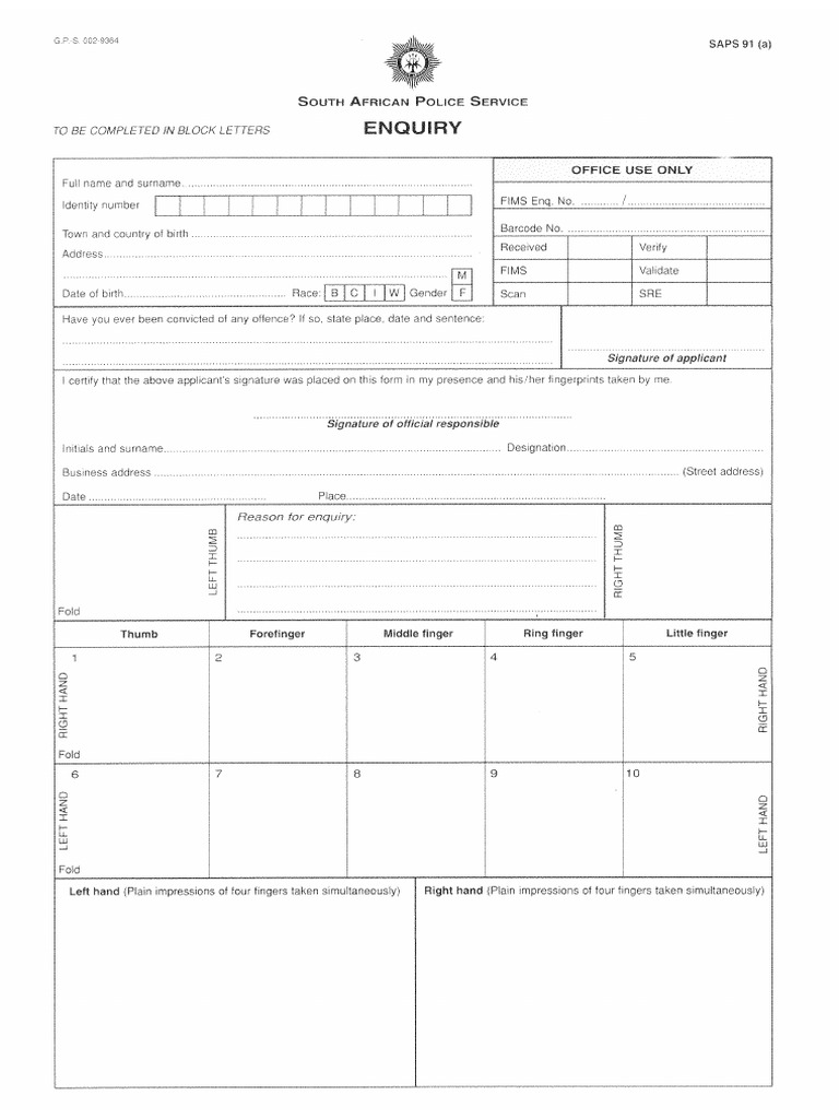 Police Clearance Certificate Application Form SAPS-91a | PDF