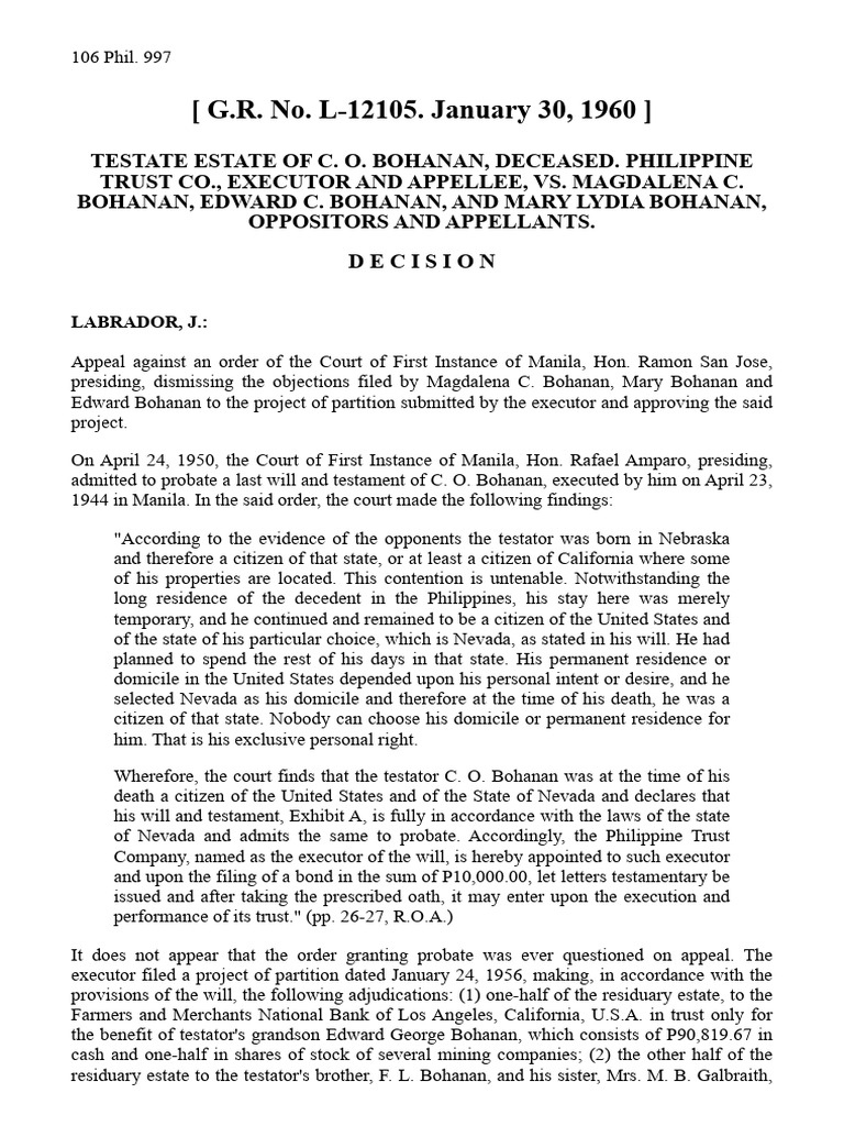 Testate Estate of Bohanan vs. Bohanan, Et Al., 106 Phil. 997 | PDF ...