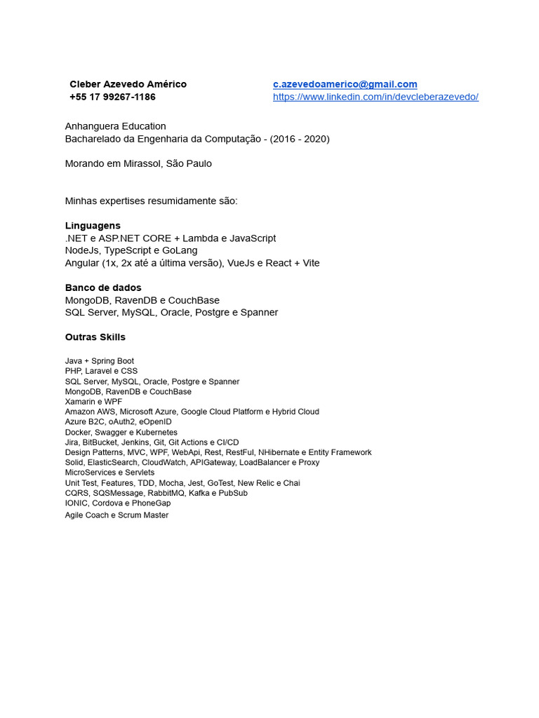Curriculum Cleber Azevedo | PDF | Microsoft SQL Server | Mongo DB