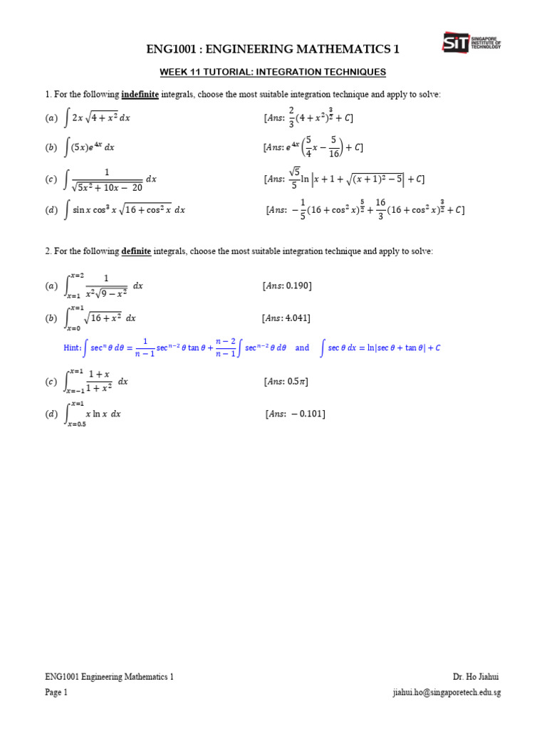 Week 11 Integration Techniques - Tutorial Questions 2023 | PDF