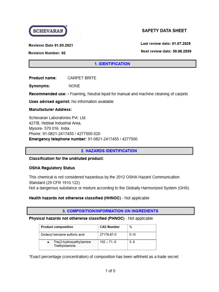 Carpet Brite Safety Data Sheet | PDF | Personal Protective Equipment ...
