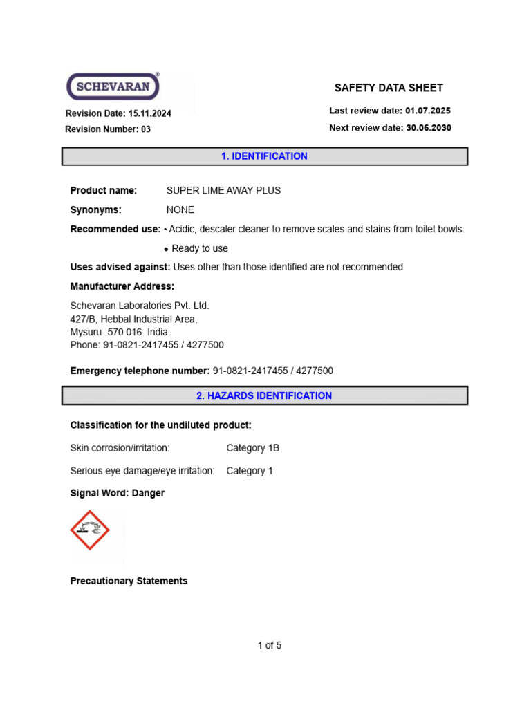 Super Lime Away Plus Safety Data Sheet | PDF | Personal Protective ...