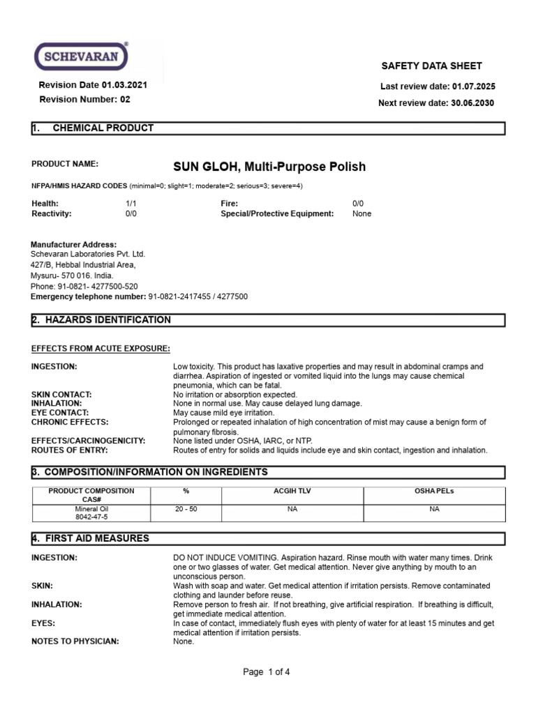 Safety Data Sheet for Sun Gloh Polish | PDF | Personal Protective ...