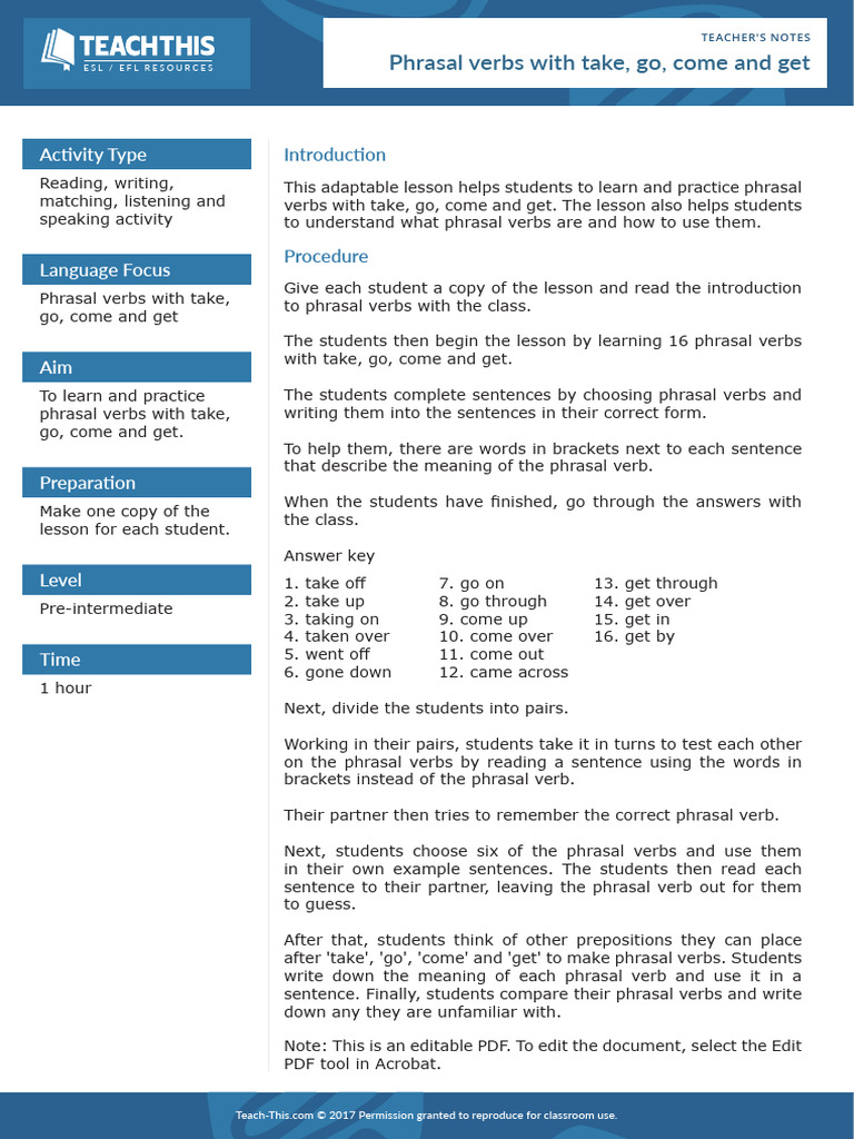 Phrasal Verbs With Take Go Come Get | PDF | Verb | English As A Second ...