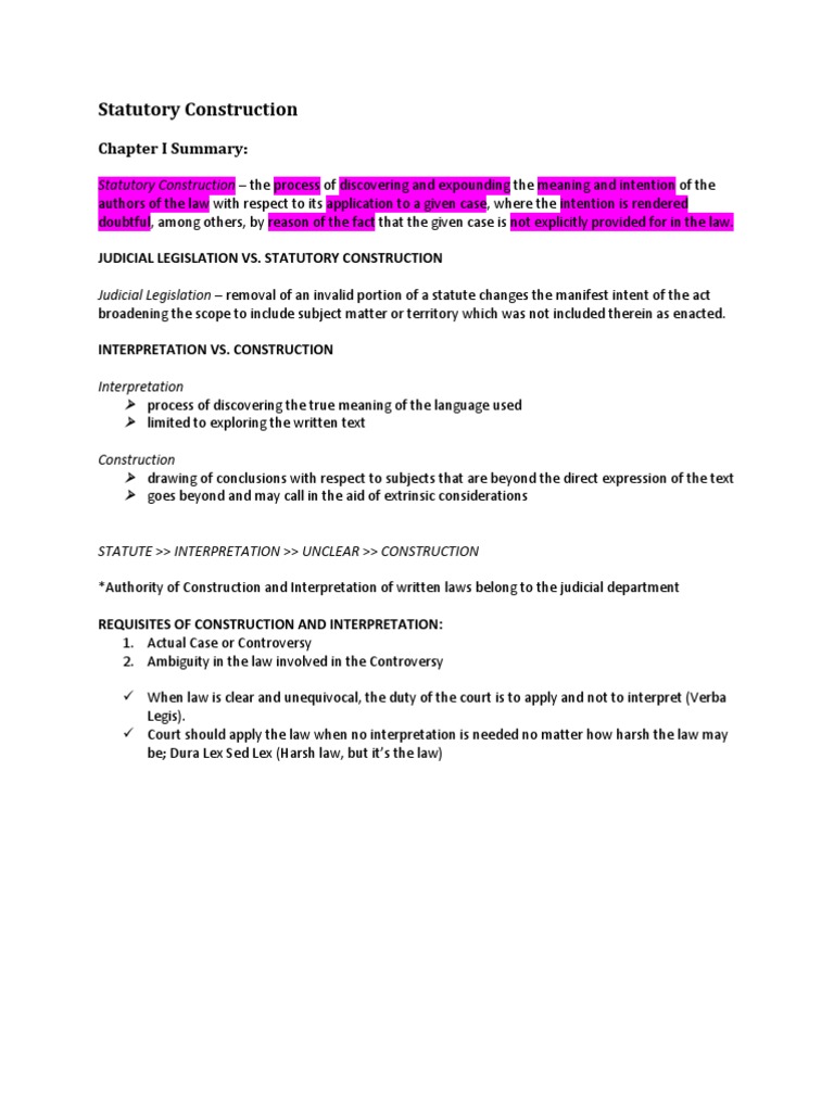 Statutory Construction: Chapter I Summary | PDF | Bill (Law ...