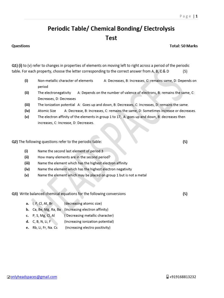 Chemistry Test Periodic Table, Chemical Bonding, Electrolysis | PDF ...