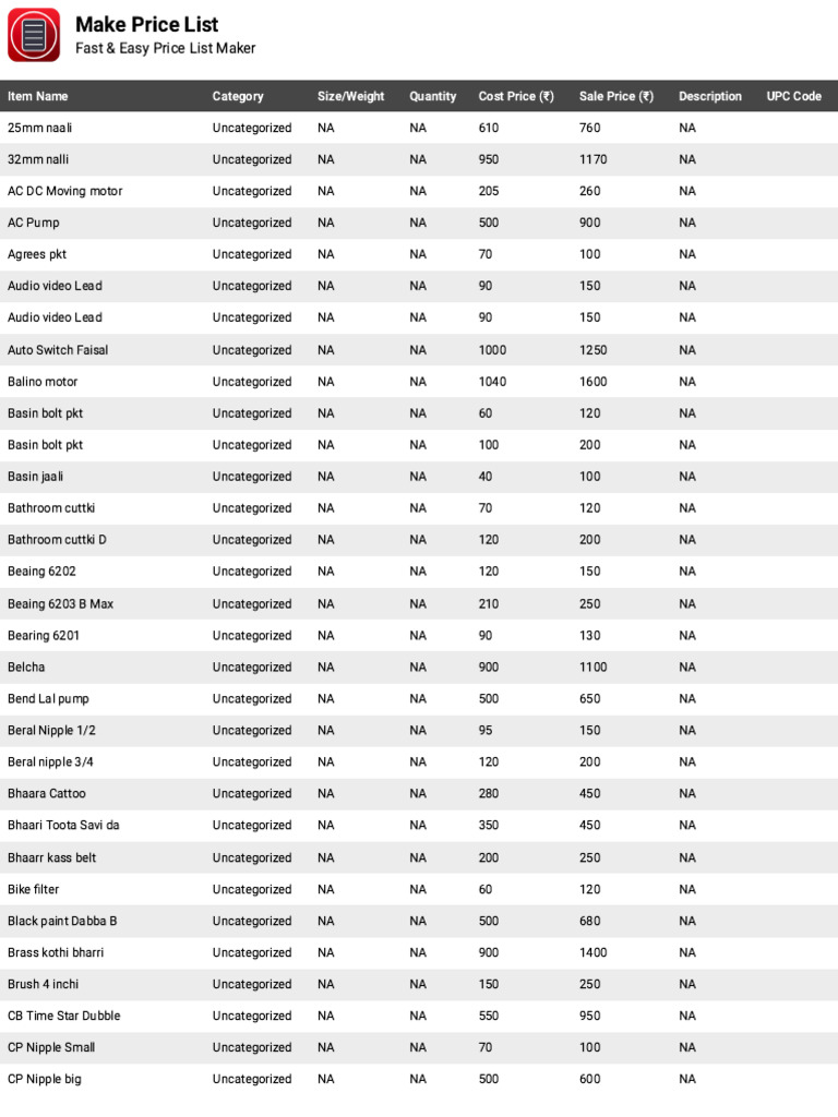 Price List Maker for Various Items | PDF