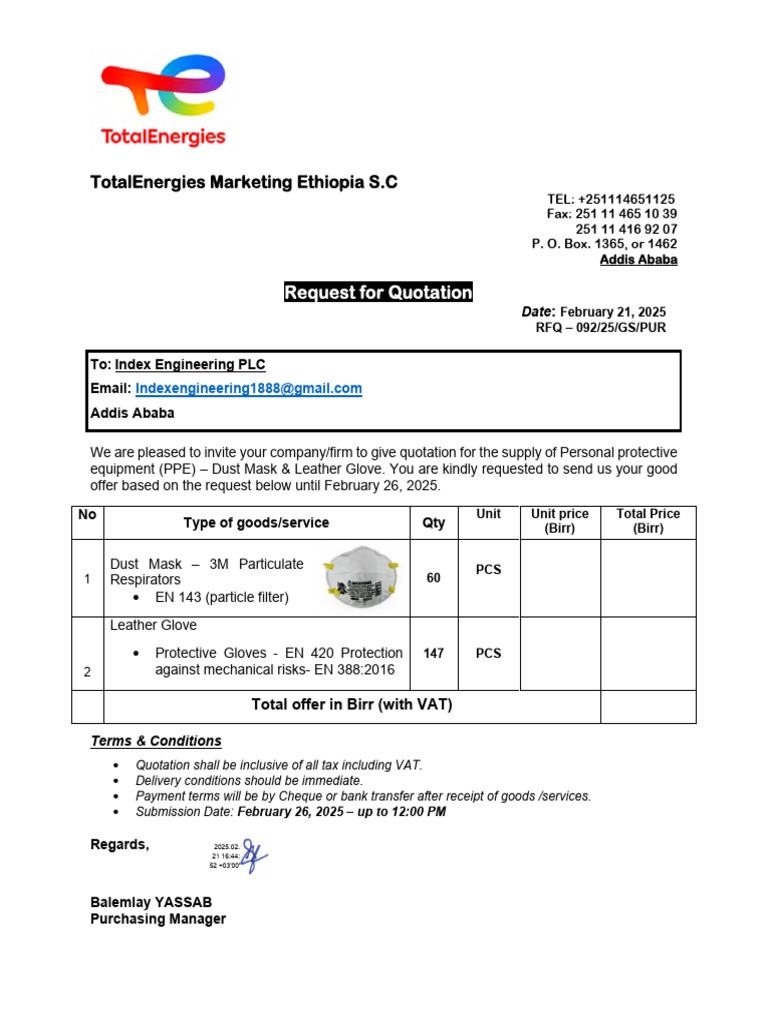 RFQ - Dusk Mask and Leather Glove - Index Engineering | PDF