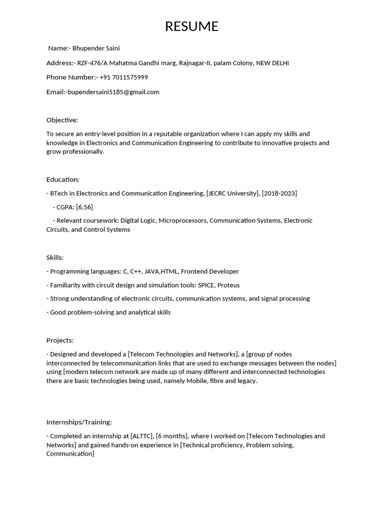 Entry-Level Electronics Engineer Resume | PDF