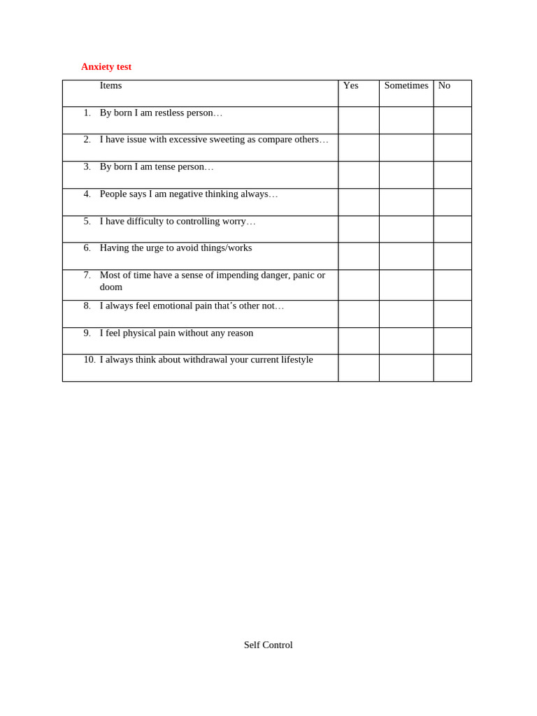 Anxiety and Self-Control Assessment Test | PDF