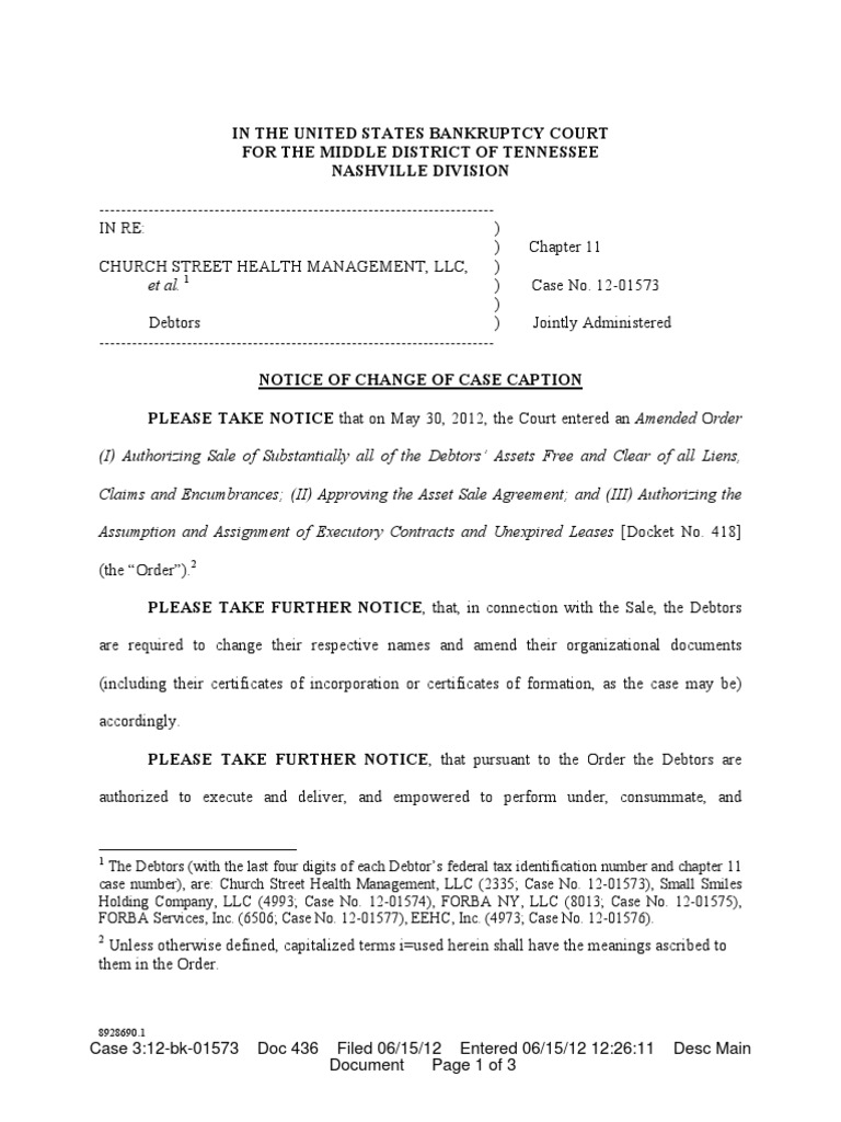 Notice of Change of Case Caption - Name Change of Church Street Health ...