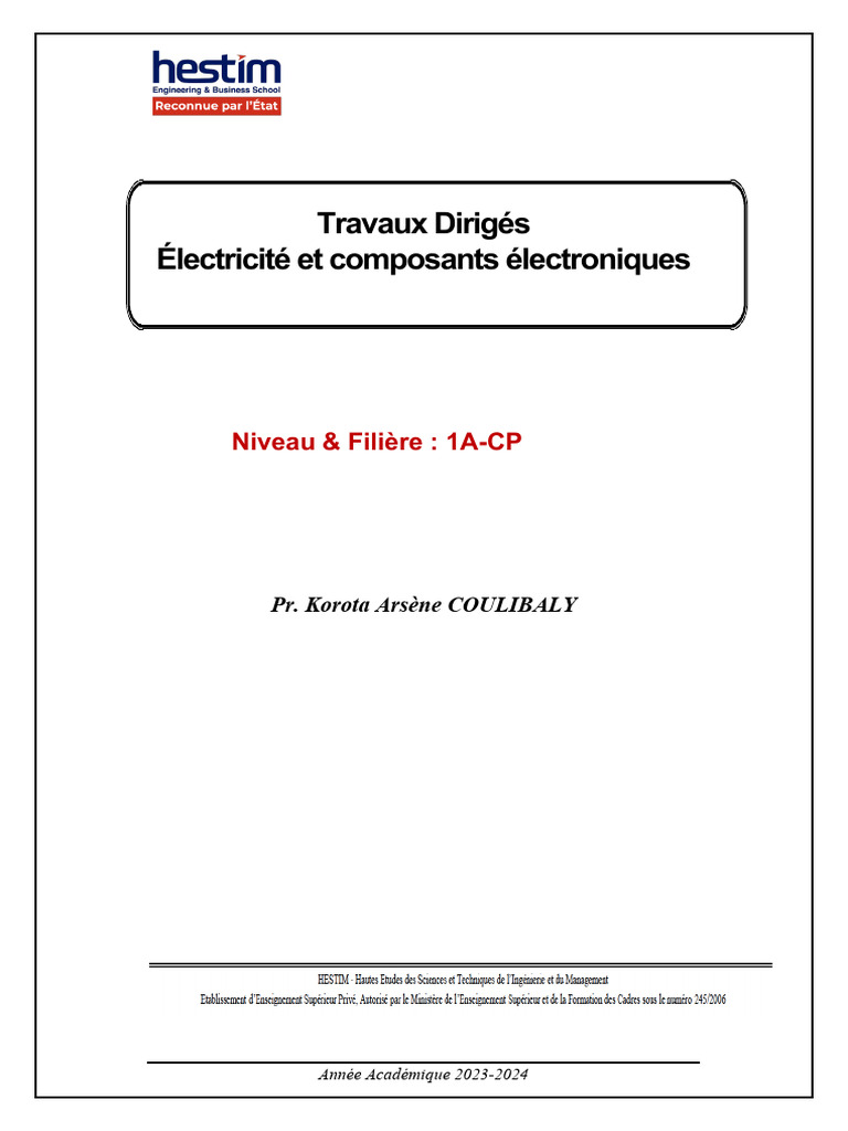Travaux Dirigés en Électricité 2023-2024 | PDF