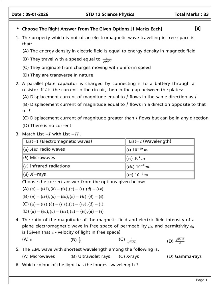 Electromagnetic Waves MCQ Practice Test | PDF | Electromagnetic ...