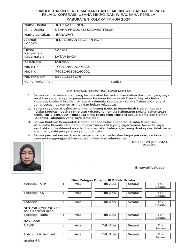 Formulir Bantuan Usaha Mikro Kolaka 2024 | PDF