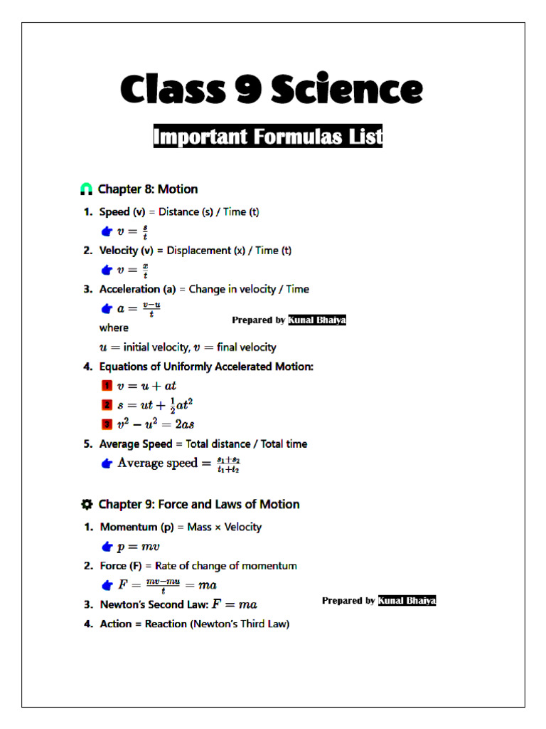 Class 9 Science Key Formulas Guide | PDF
