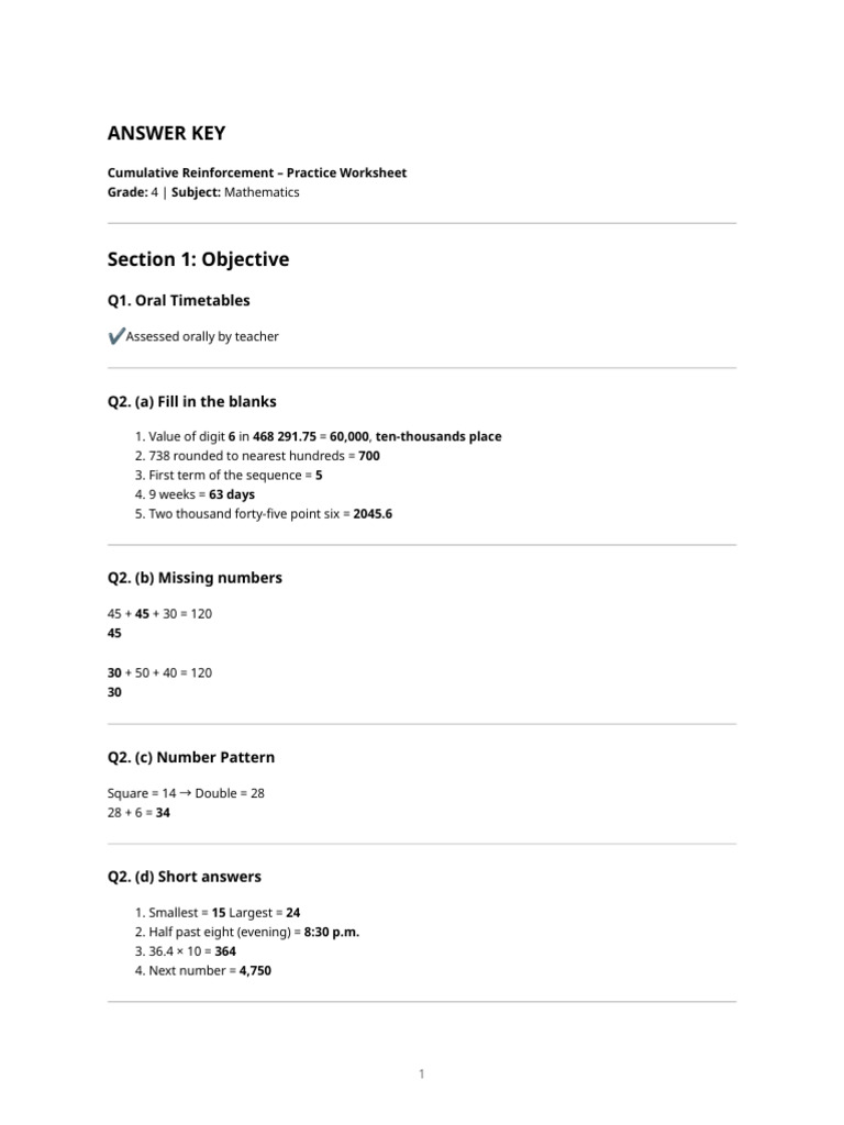4th Grade Math Practice Answer Key | PDF