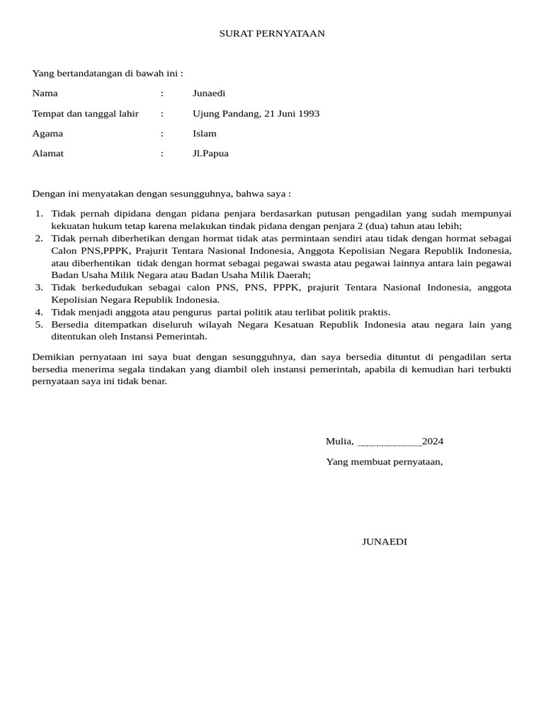 Surat Pernyataan Junaedi 2024 | PDF
