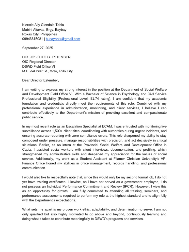 DSWD Application Letter Tabia | PDF | Psychology | Social Psychology