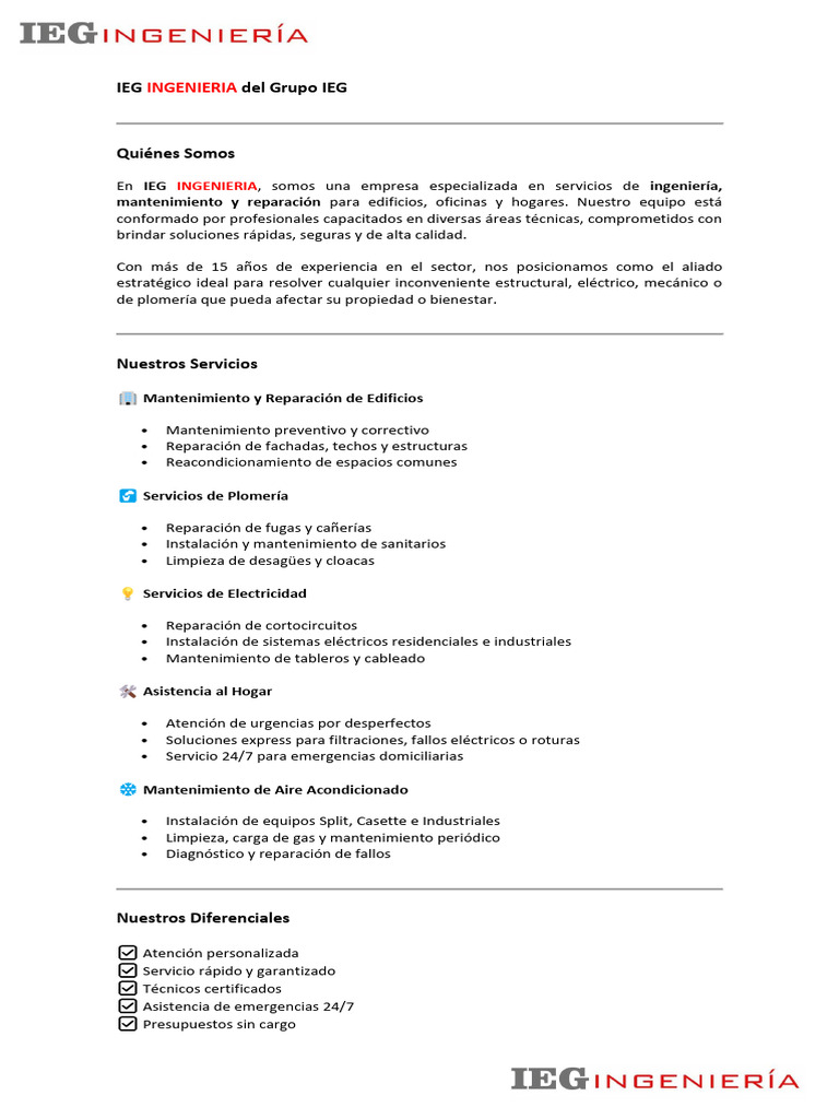 Servicios de Ingeniería y Mantenimiento | PDF
