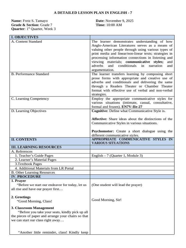 Grade 7 Lesson Plan: Communicative Styles | PDF | Communication | Learning