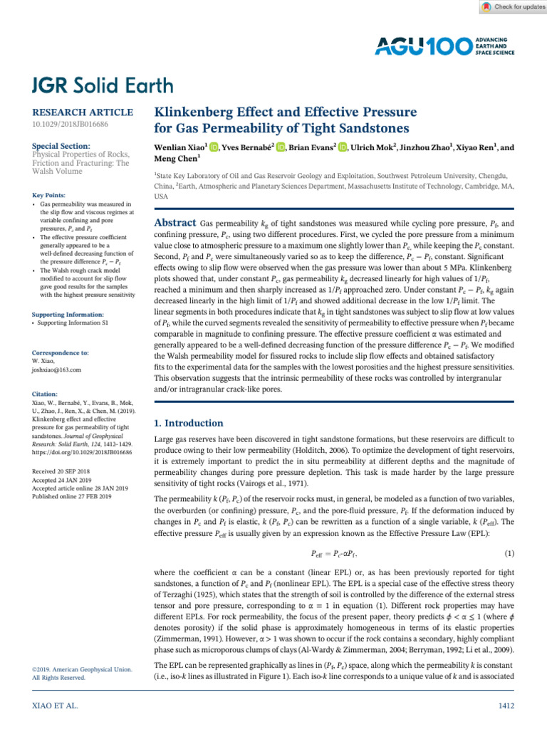 JGR Solid Earth - 2019 - Xiao - Klinkenberg Effect and Effective ...