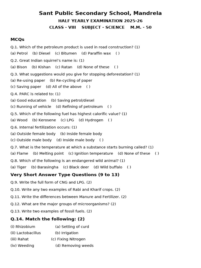 Science Half Yearly Exam Class VIII 2025 26 | PDF | Kerosene | Diesel Fuel