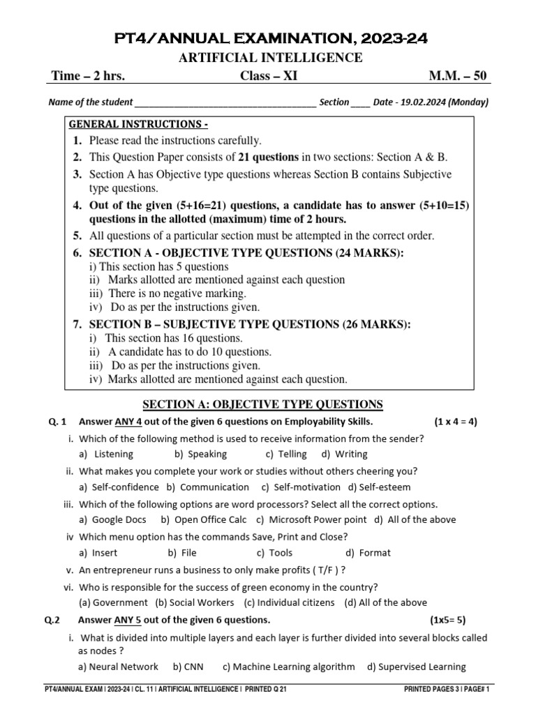 Class 11 AI Annual Exam Paper 2023-24 | PDF | Regression Analysis ...