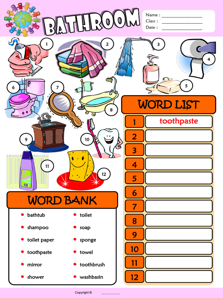 Bathroom Esl Vocabulary Find and Write The Words Worksheet For Kids | PDF