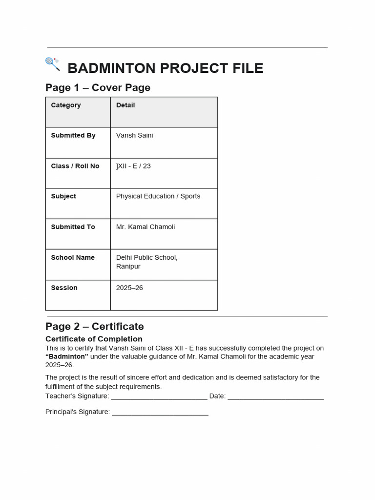 Badminton Project Completion Certificate | PDF