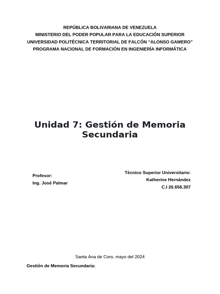 Gestión de Memoria Secundaria en Informática | PDF | Almacenamiento de ...