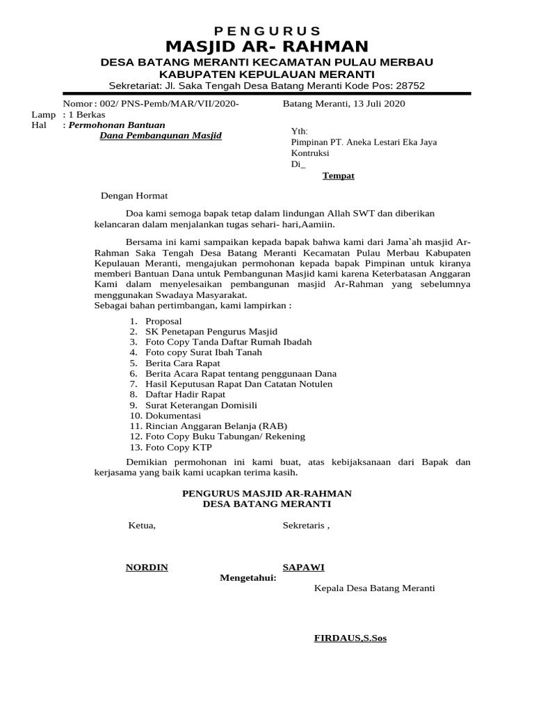 Permohonan Dana Pembangunan Masjid Ar-Rahman | PDF