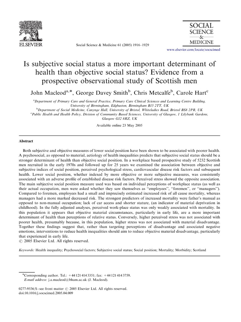 Subjective vs. Objective Social Status in Health | PDF | Health Equity ...
