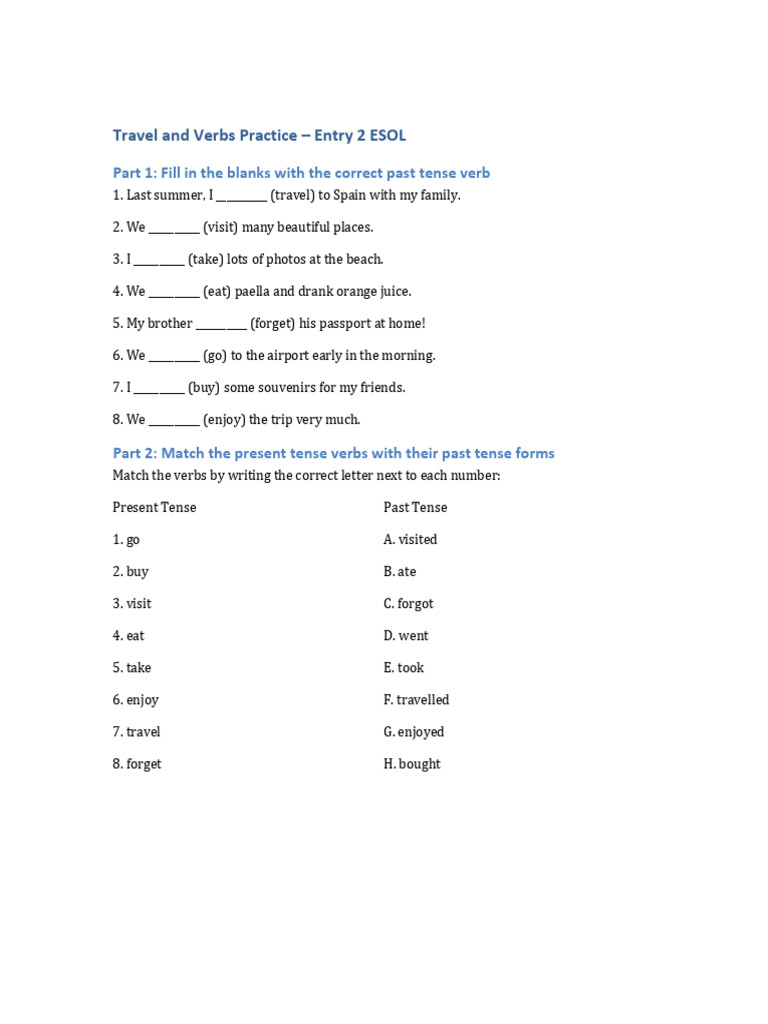 Travel Verbs Worksheet | PDF