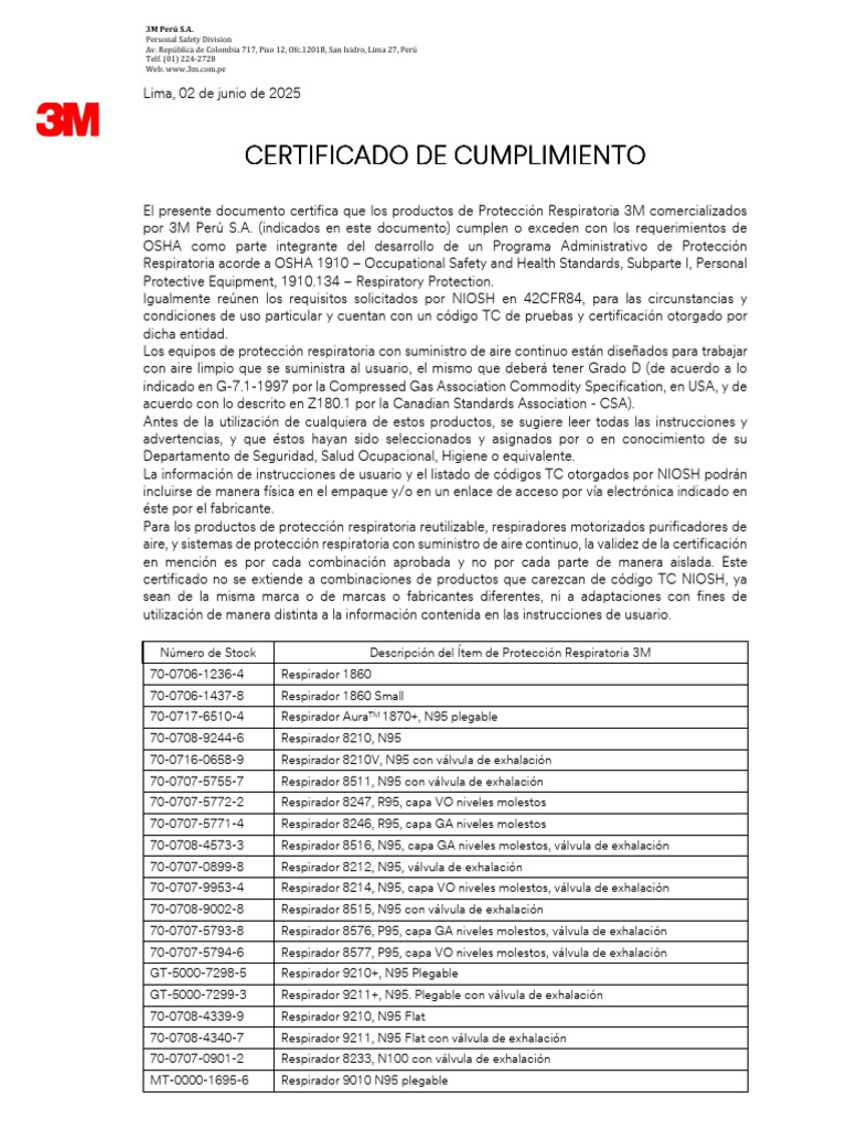 Certificado de Cumplimiento Prot. Respiratoria (02.06.2025) (1) | PDF | Administración de ...