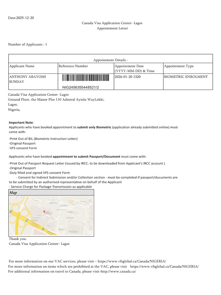Canada Visa Appointment Letter - Lagos | PDF | Biometrics | Information