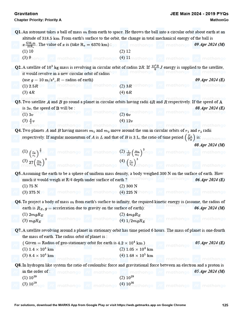 Physics - Priority a Chapters PYQs (JEE Main 2024 - 2019) - MathonGo ...