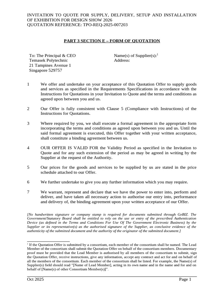 05-Part 3 Section E Form of Quotation | PDF | Contractual Term | Legal ...