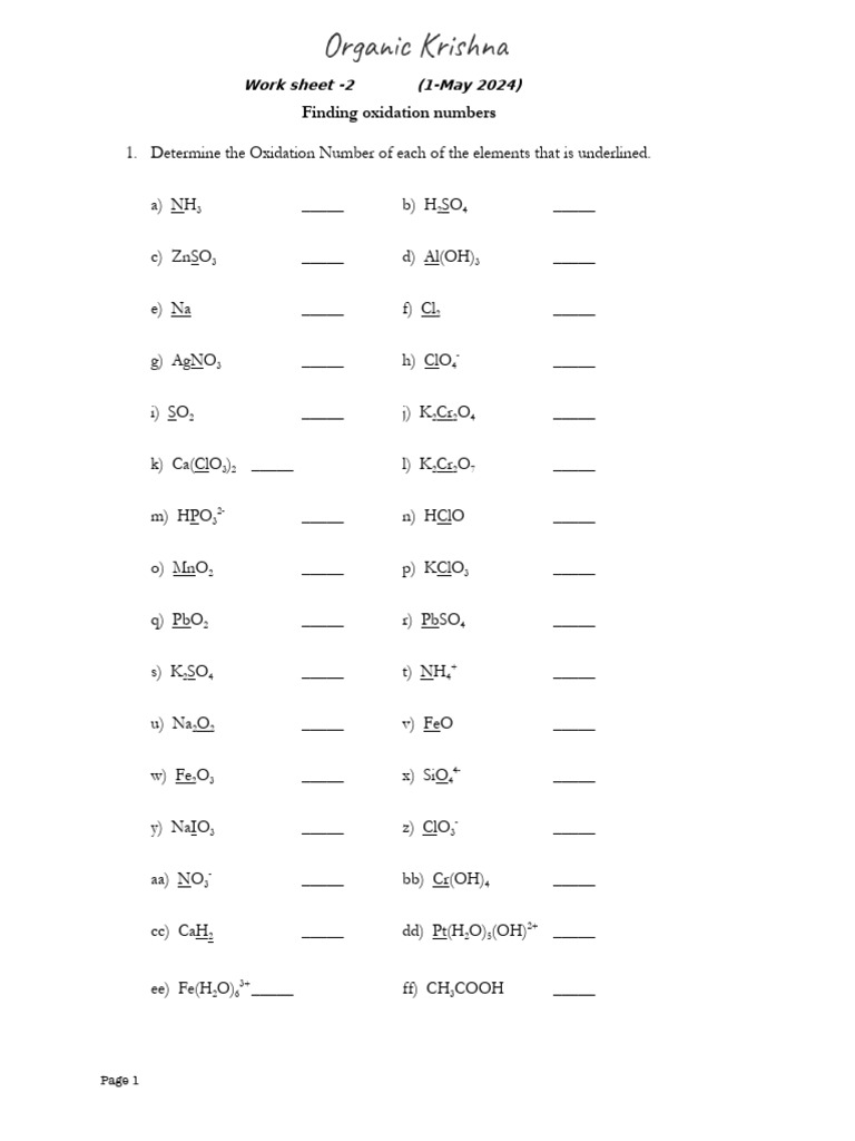 Oxidation Number and Agent Worksheet | PDF