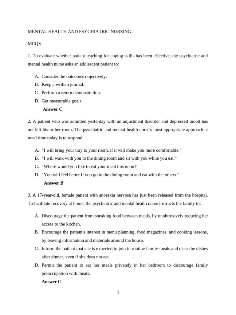 Mental Health MCQ | PDF | Mental Disorder | Schizophrenia