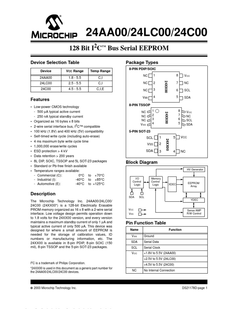 24AA00/24LC00/24C00: 128 Bit I C Bus Serial EEPROM | PDF | Bit | Transmission Control Protocol