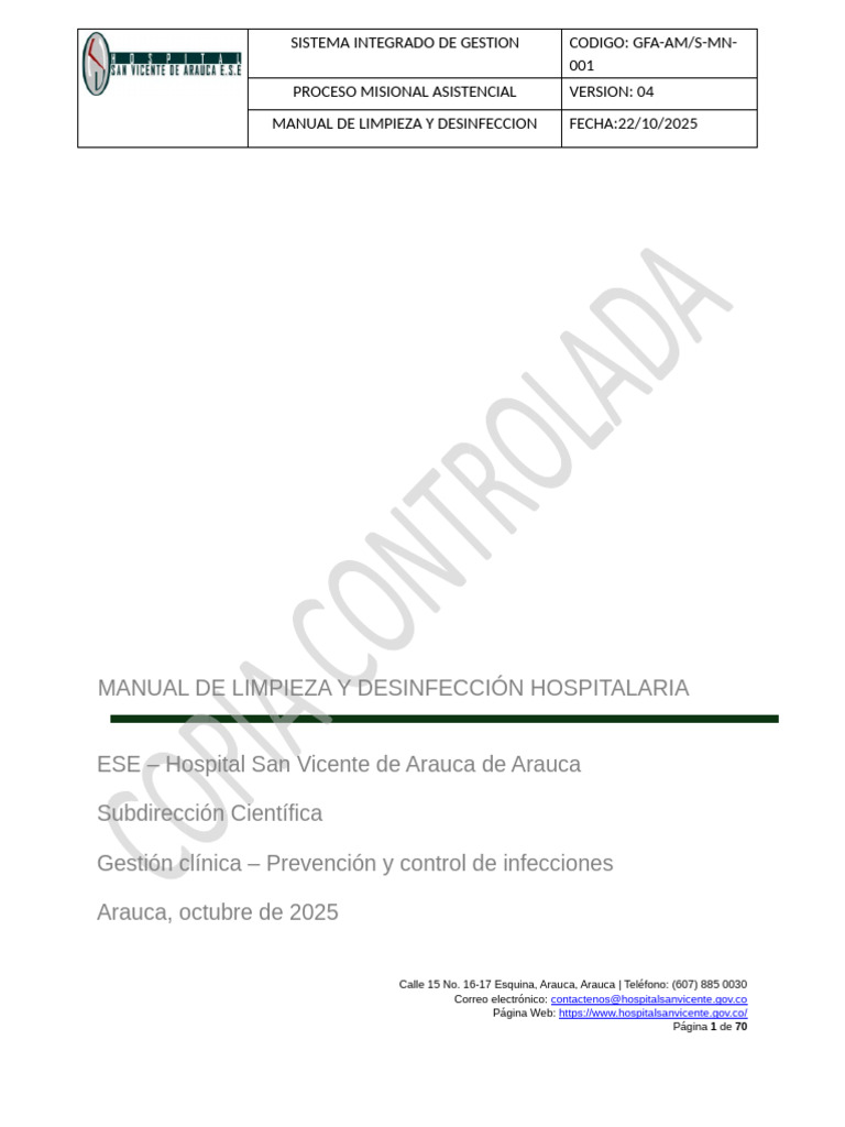 Manual de Limpieza y Desinfeccion 2025 | PDF | Hospital | Virus